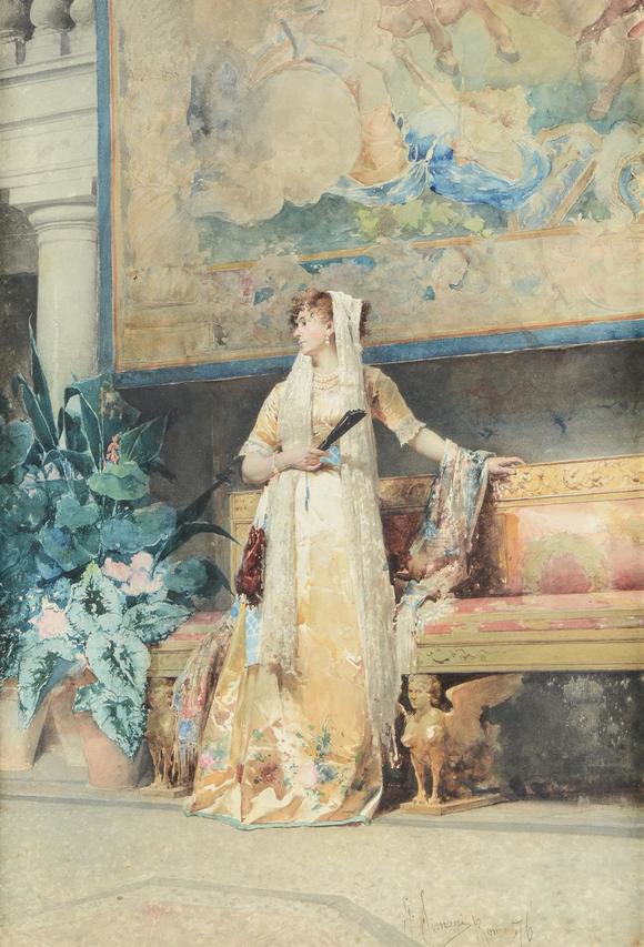 GUSTAVO SIMONI (ITALIAN 1845-1926), AN ELEGANT LADY IN AN INTERIOR ...